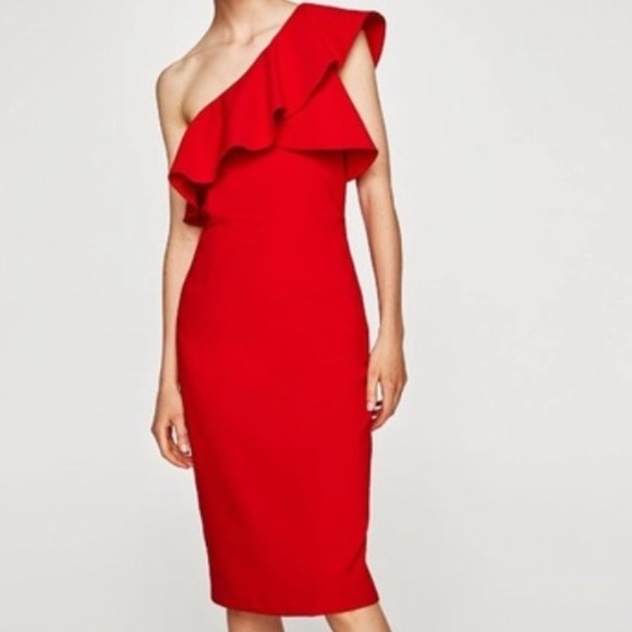 Zara | Dresses | Zara One Shoulder Red Midi Dress | Poshmark